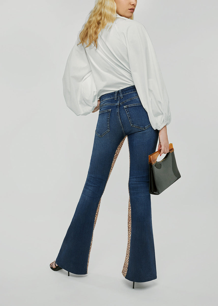 Womens High Rise Kick Flare Jeans With Leopard Print Stretch Panels ...